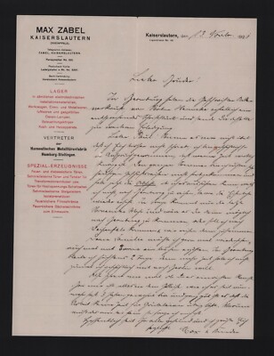 KAISERSLAUTERN, Brief 1921, Max Zabel Werkzeuge Eisen-Metallwaren ...