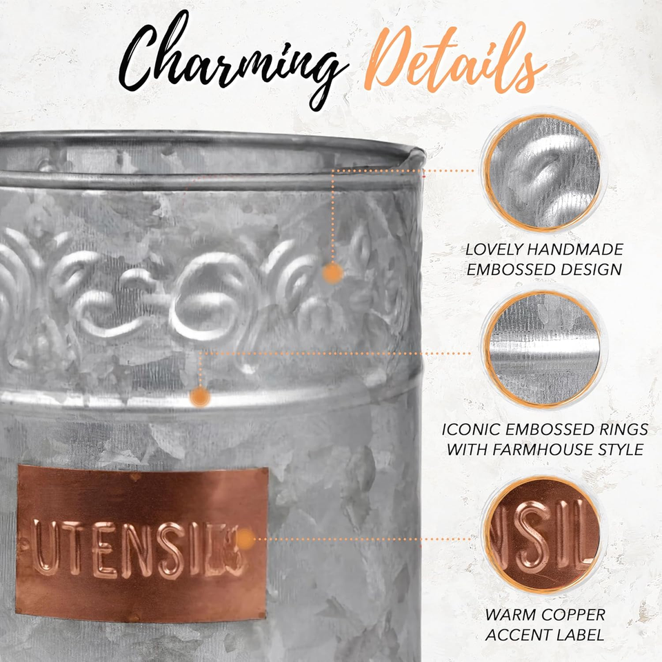 Rustic Galvanized Steel Kitchen Utensil Holder with Copper Label - 7.5 ...