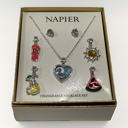 NAPIER Silver Tone Beach Charms Necklace & Stud Earring Set - New In ...