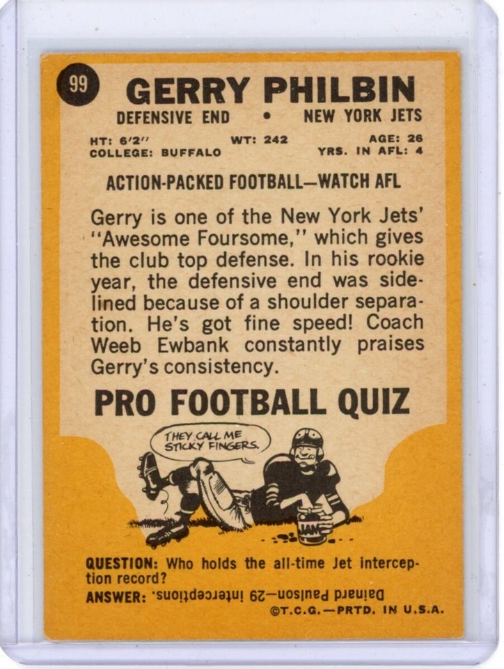 1967 TOPPS GERRY PHILBIN #99 NEW YORK JETS VG VERY GOOD | eBay