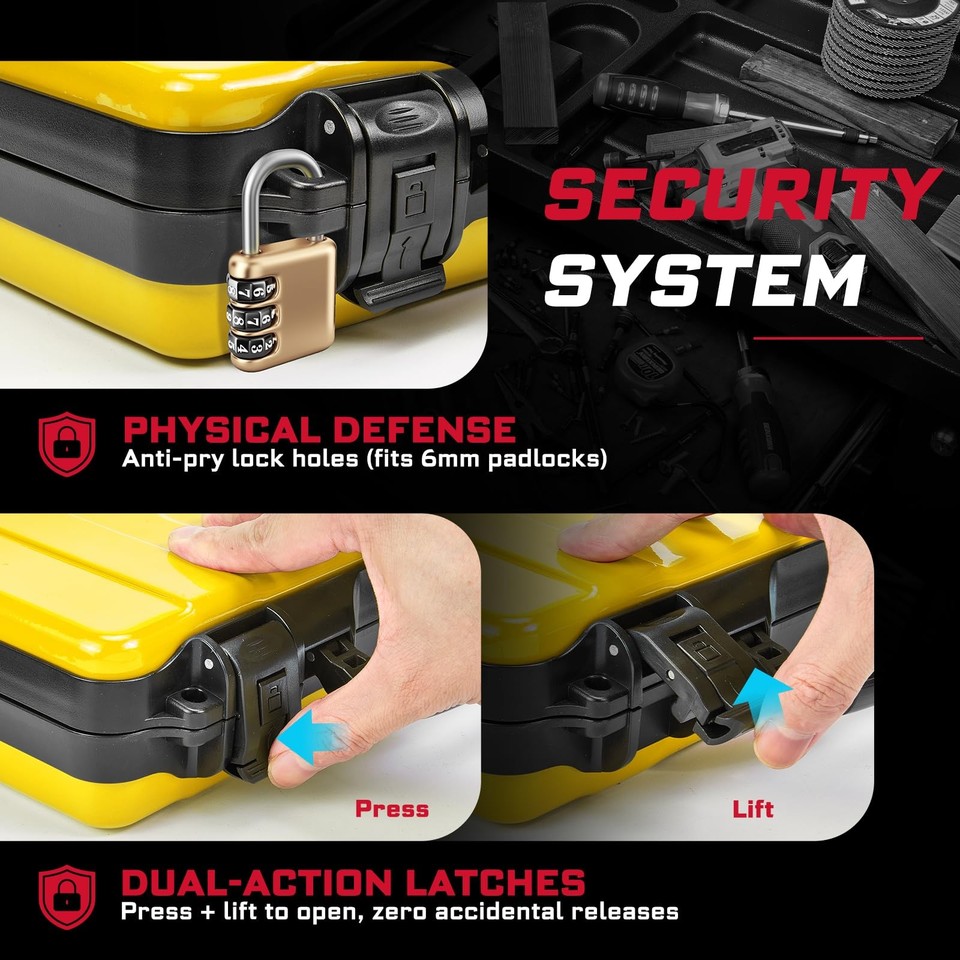 11”Yellow Tools Box, Portable Steel Heavy-Duty Tool Case With Safety ...