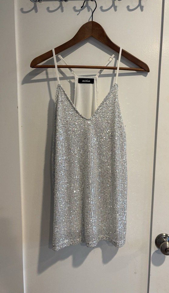 MIDUO Silver Sequin Halter Top XL Lined Adjustable Straps Sexy Holiday ...
