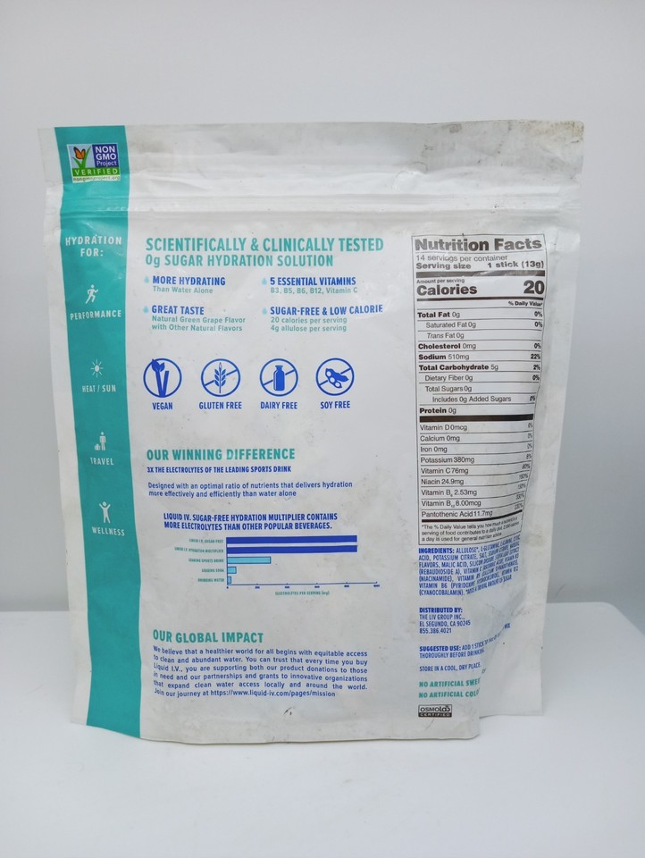 Liquid I.V. Sugar Free Hydration Multiplier Drink Mix, Green Grape, 14 ...