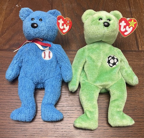 Ty Beanie Baby Kicks the Soccer Bear & Addison Baseball Bear Lot Of 2 w ...