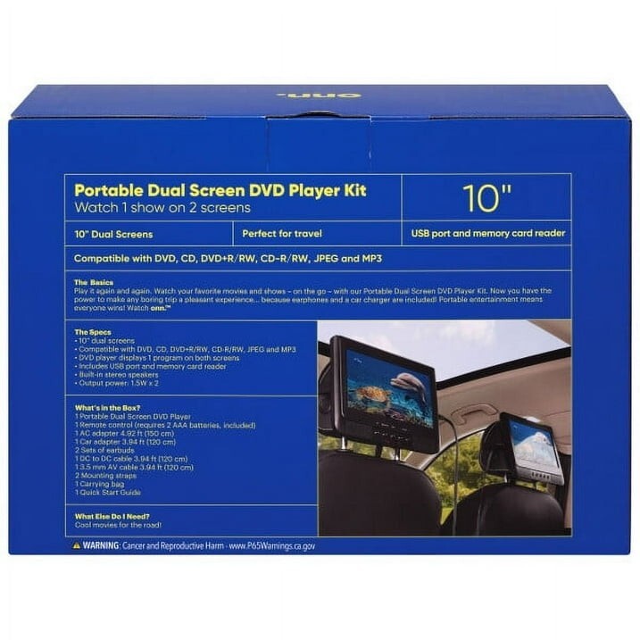 Onn 10" Dual Screen Portable DVD Player Kit with Storage Bag ...