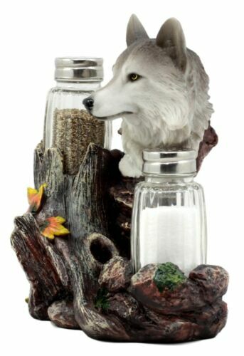 Ebros Full Moon Lone Alpha Gray Wolf Glass Salt & Pepper Shakers Holder ...