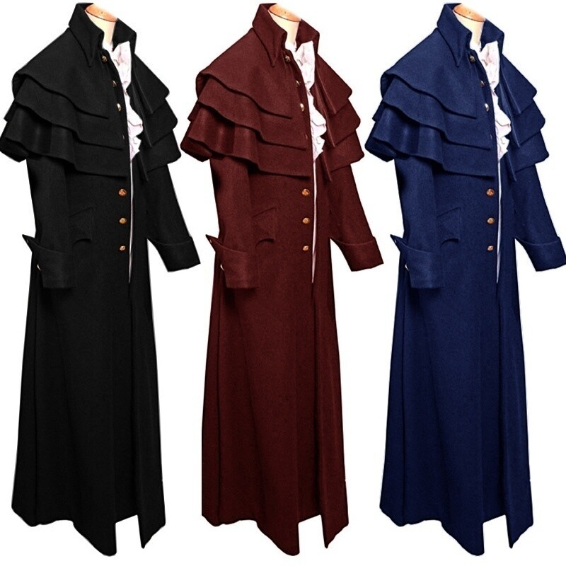 Men's Medieval Frock Coat Long Trench Cape Cloak Costume Victorian ...