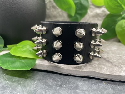 Punk Goth Bracelet Black Leather Spike Rivet Metal Studded Wristband ...