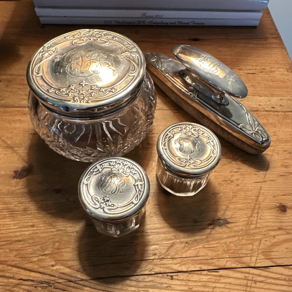 ANTIQUE FOSTER AND BAILEY CRYSTAL JAR W/STERLING LIDDED/BUFFER VANITY ...