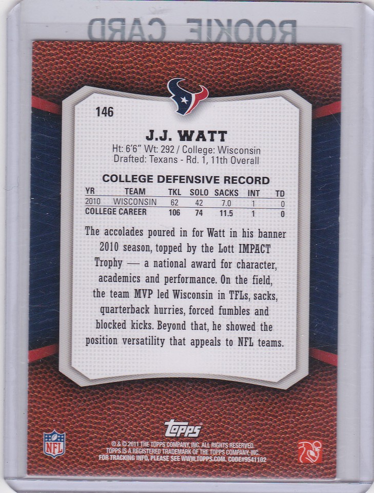 J.J. WATT Houston Texans 2011 Topps ROOKIE CARD Football RC JJ Swatt ...