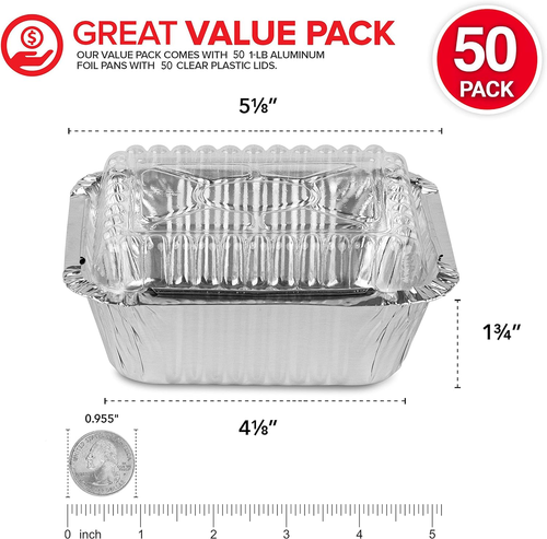 1 Lb Small Aluminum Pans with Lids (50 Pack) Foil Pans + Clear Plastic ...