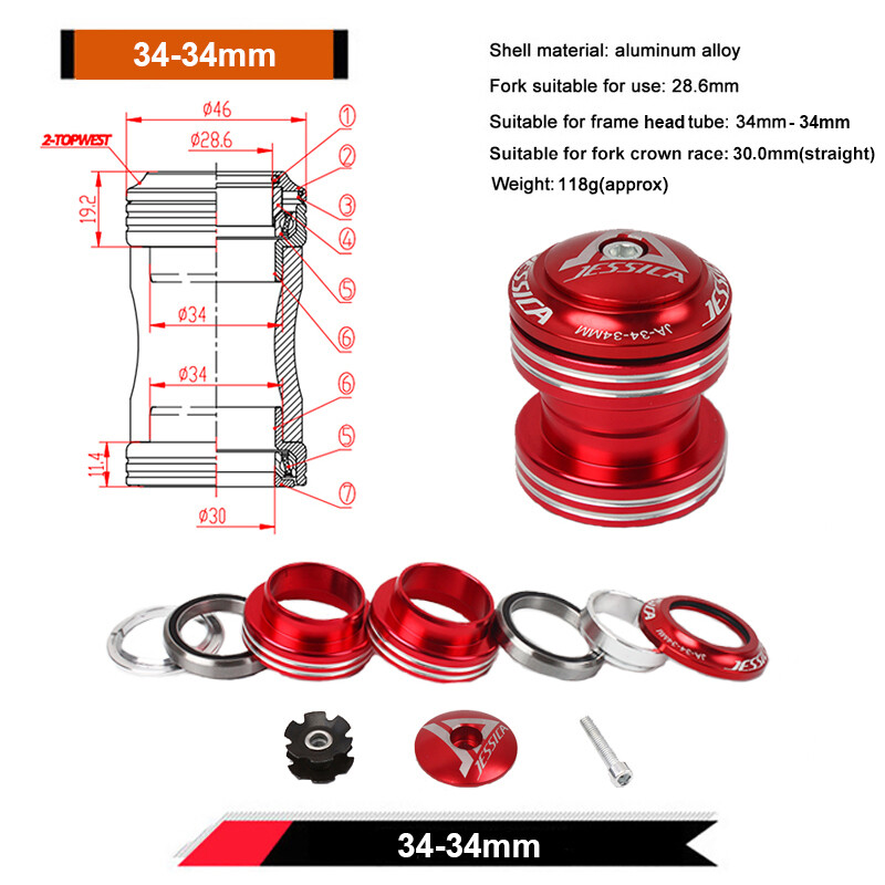 34/44/44-55/44-56mm Bike Threadless Headset Sealed Bearing 1-1/8" Fork ...