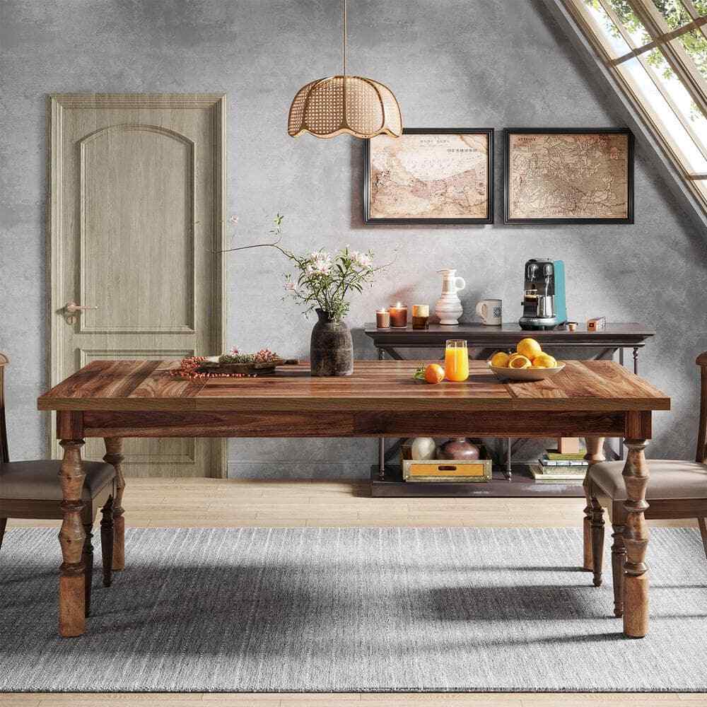 Walnut Rectangle Wood 62 in 4-Legs Carved Turned Breakfast Dining Table ...