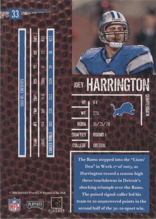 Las mejores ofertas en 2004 Playoff Hogg Heaven Joey Harrington #33 | eBay