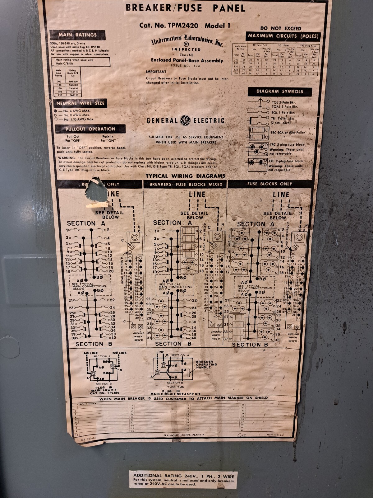 General Electric GE Panel Cover TPM2420 200 Main Breaker 2 100 amp 20 ...
