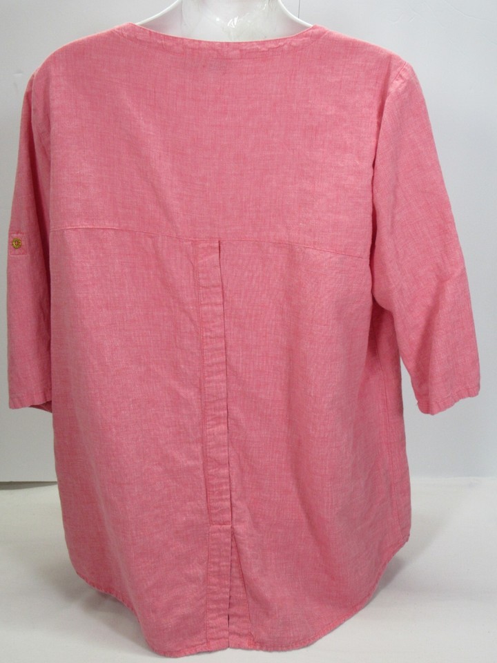 ELLEN TRACY Linen Top Womens L [ 42 Bust 27L ] Pink Coral ...Gold Zip ...