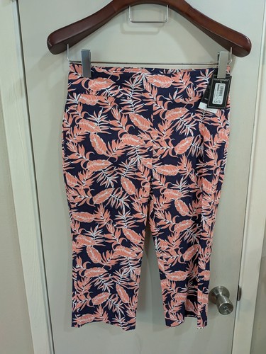 NWT Counterparts Super Stretch Capris Coral Leaves/Navy Sz. 8Petites | eBay