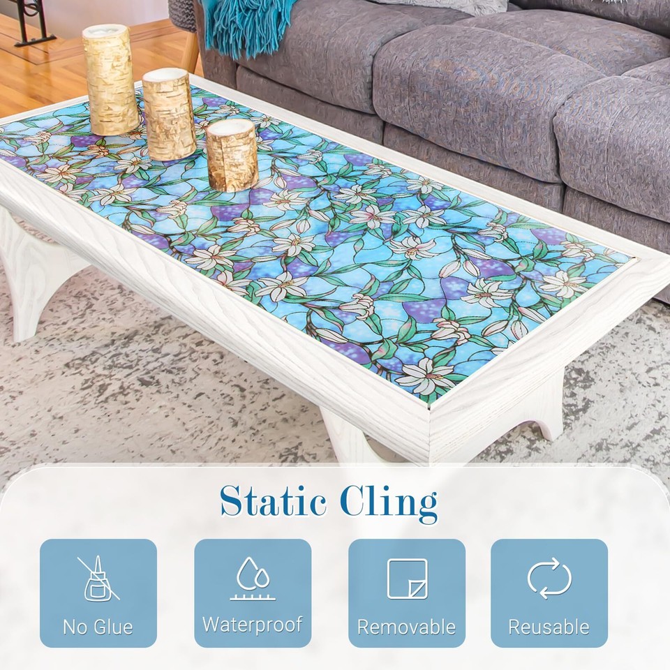 rabbitgoo Stained Glass Window Film Static Cling Blue Lily Decorative ...