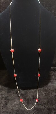 long gold tone necklace with red tone acrylic stones | eBay