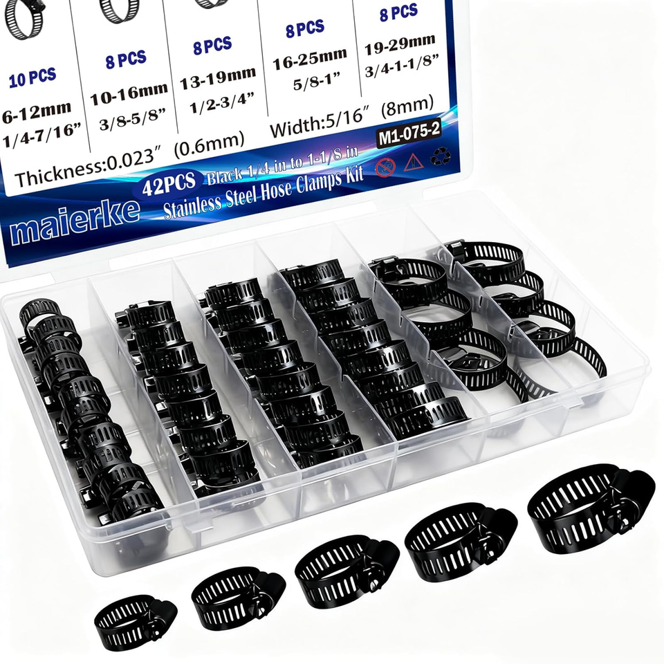 42PCS Black Stainless Steel Hose Clamps Assortment Kit,Metal Adjustable ...