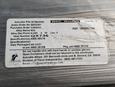 ASTROLITE Inconel 625 Tig Rod AMS5837G 0.020" x 36 5lbs | eBay