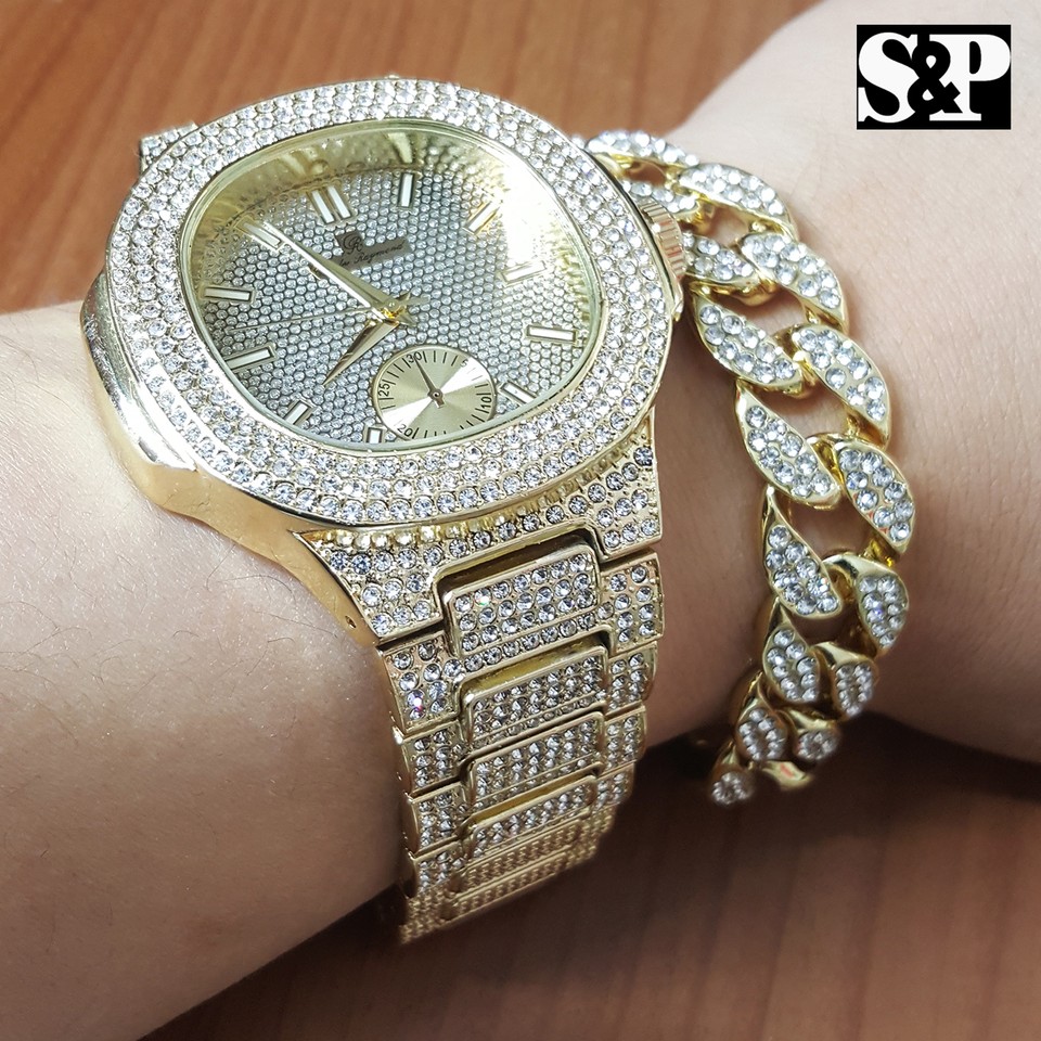 MEN'S HIP HOP QUAVO GOLD PT LUXURY WATCH & FULL ICED CUBAN BRACELET ...