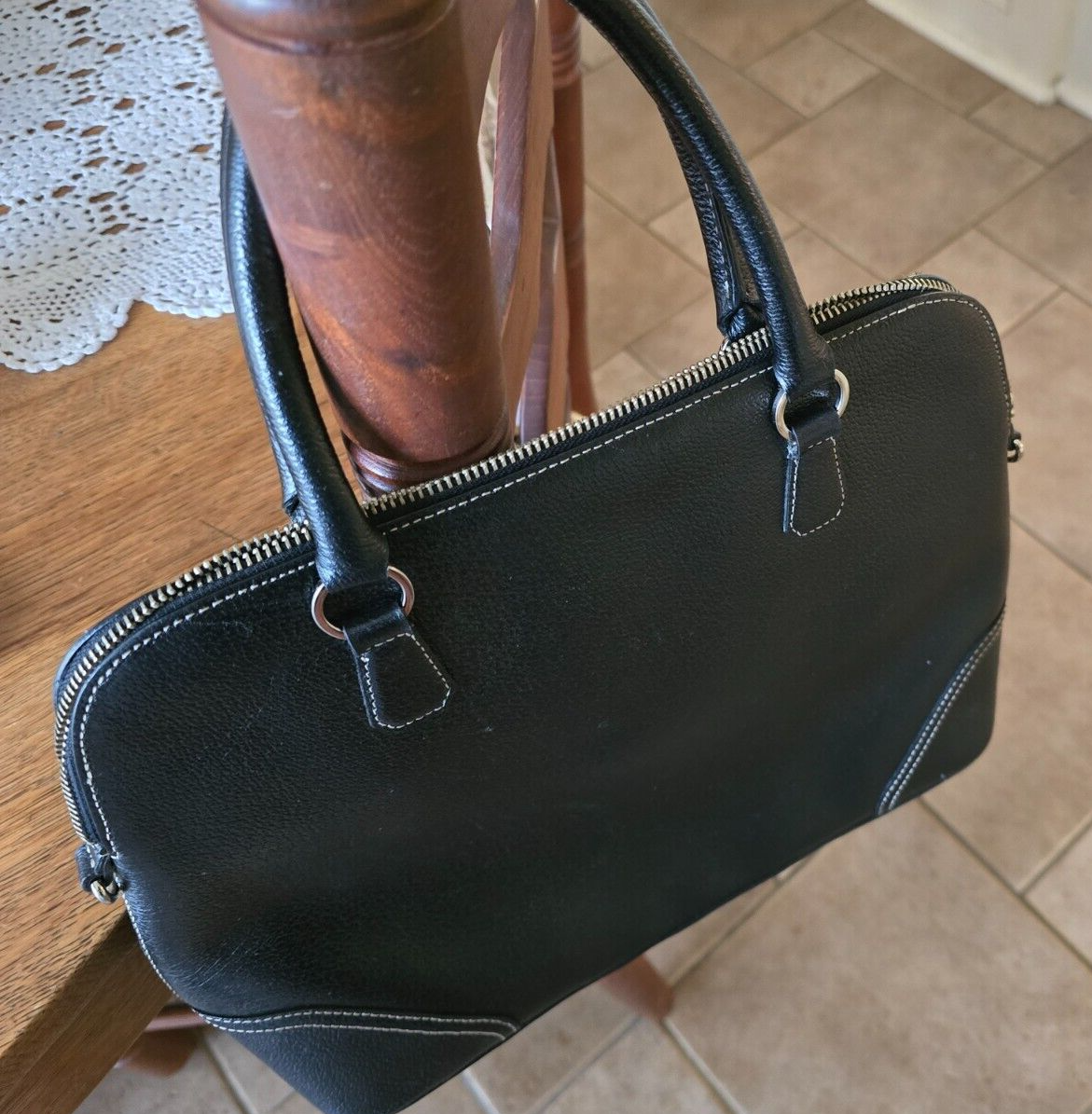 Black Leather Anne Tyler Purse/ Hand Bag Bowler Bag Leather Handles ...
