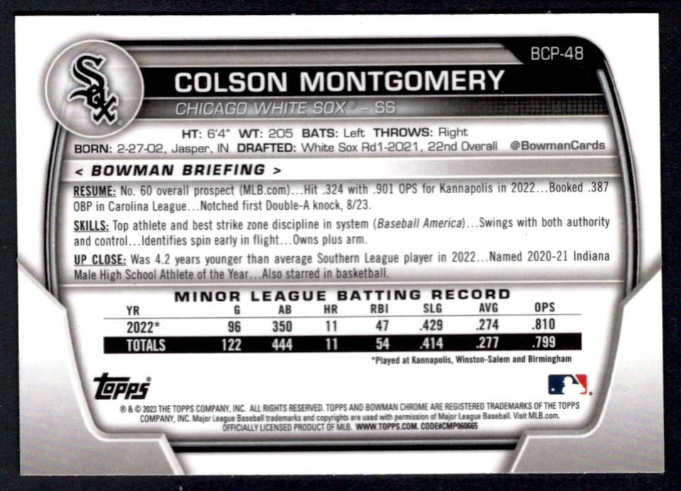 Colson Montgomery 2023 Bowman Chrome Prospects Rookie Card #BCP-48 ...