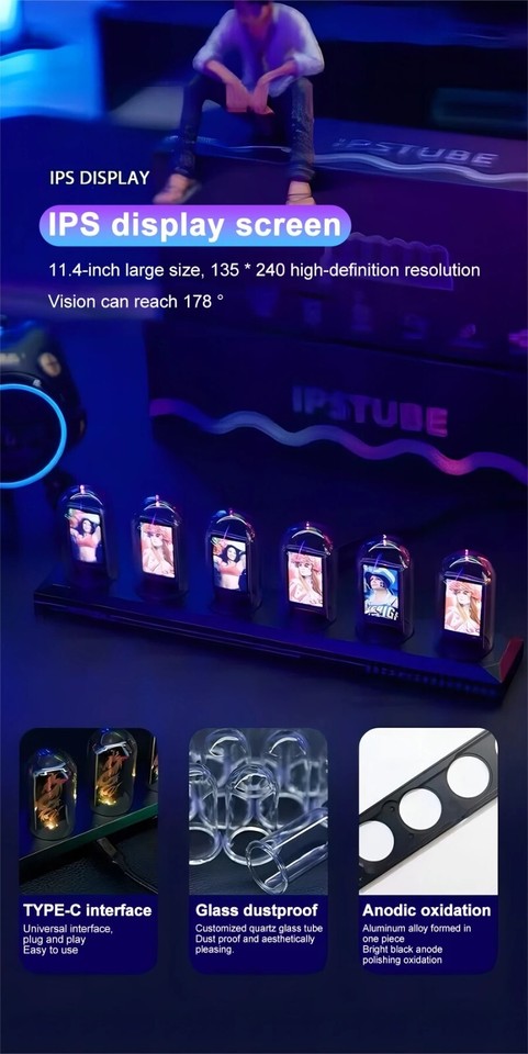 BRAND NEW RGB Nixie Tube Clock LED Glows IPS Color Screen Gaming Desk ...