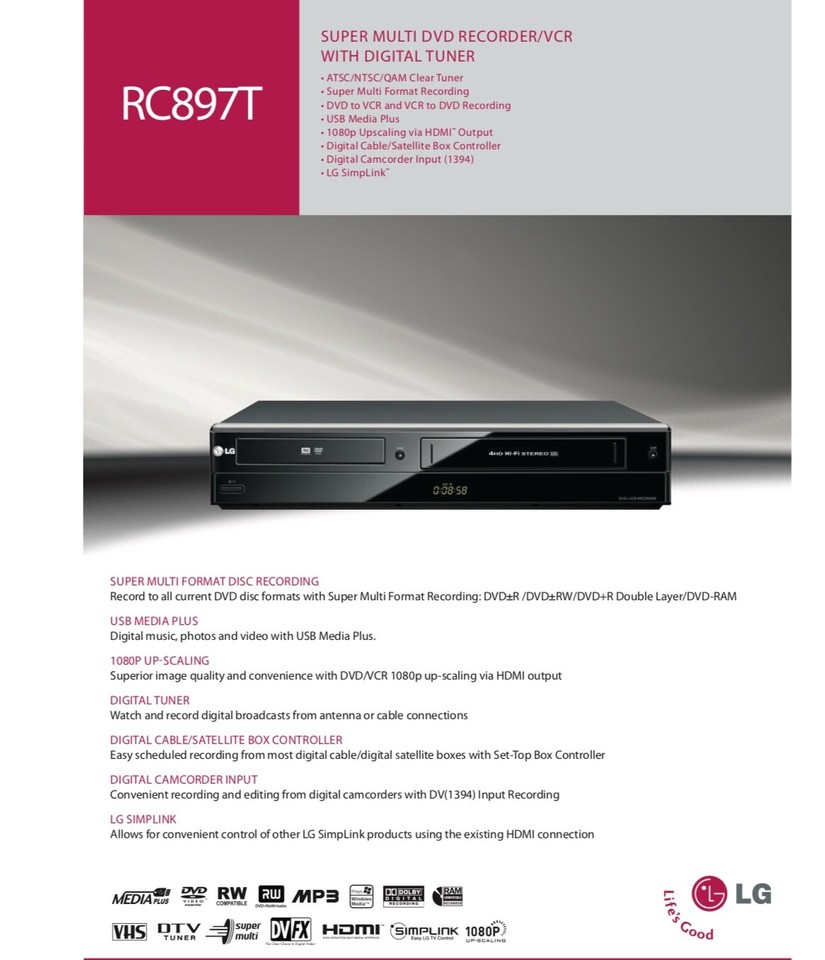 LG RC897T DVD VCR Combo Recorder VHS to DVD Transfer HDMI TV Tuner ...