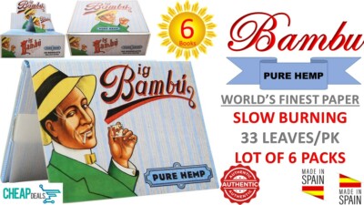 6 Big Bambu 1 1/2" PURE HEMP World's Finest Rolling Paper 33 Leaves ...
