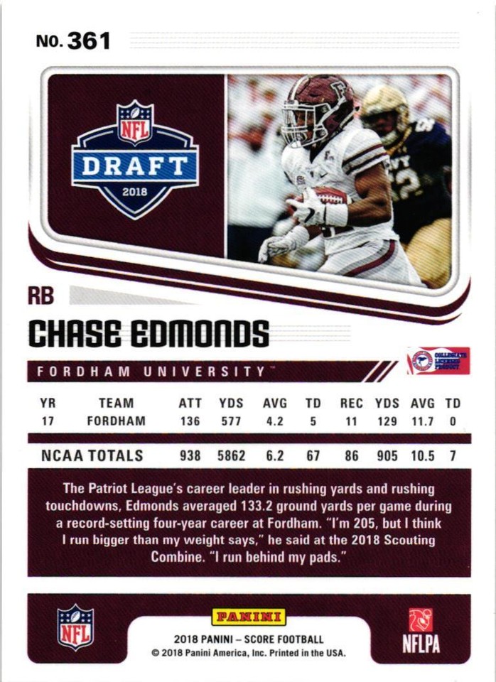 2018 Score 361 Chase Edmonds Fordham Rams | eBay