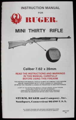 Original 1987 Ruger Instruction Manual Mini Thirty Rifle Cal 7.62 X ...