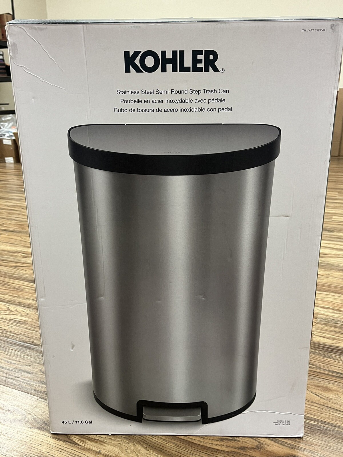 Kohler 45 L / 11.8 Gal Stainless Steel Semi-Round Step Trash Can. OPEN ...