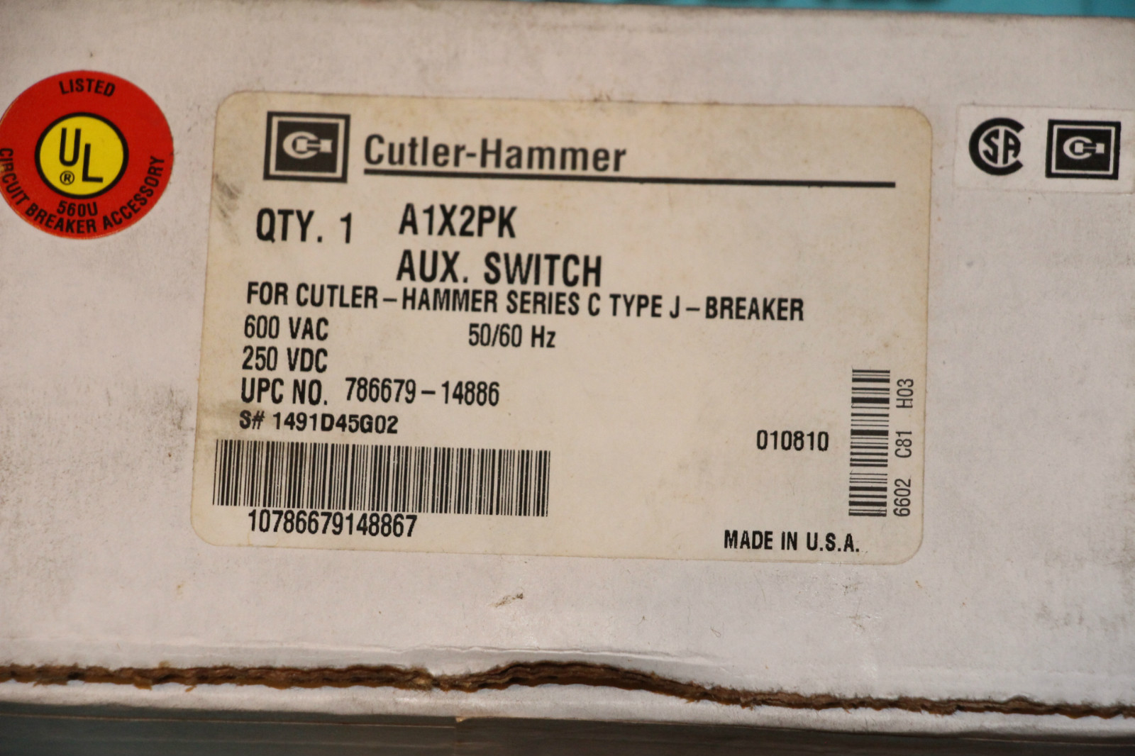 Cutler Hammer A1X2PK Aux Switch For Series C Type J Breaker 600VAC ...