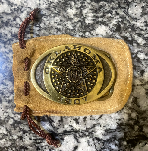 Vintage 70s Brass Oklahoma State Seal 1907 Belt Buckle Cowboy Western ...
