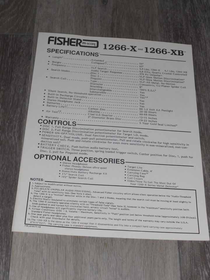Fisher Metal Detector 1266-X & 1266-XB Specification Pamphlet | eBay