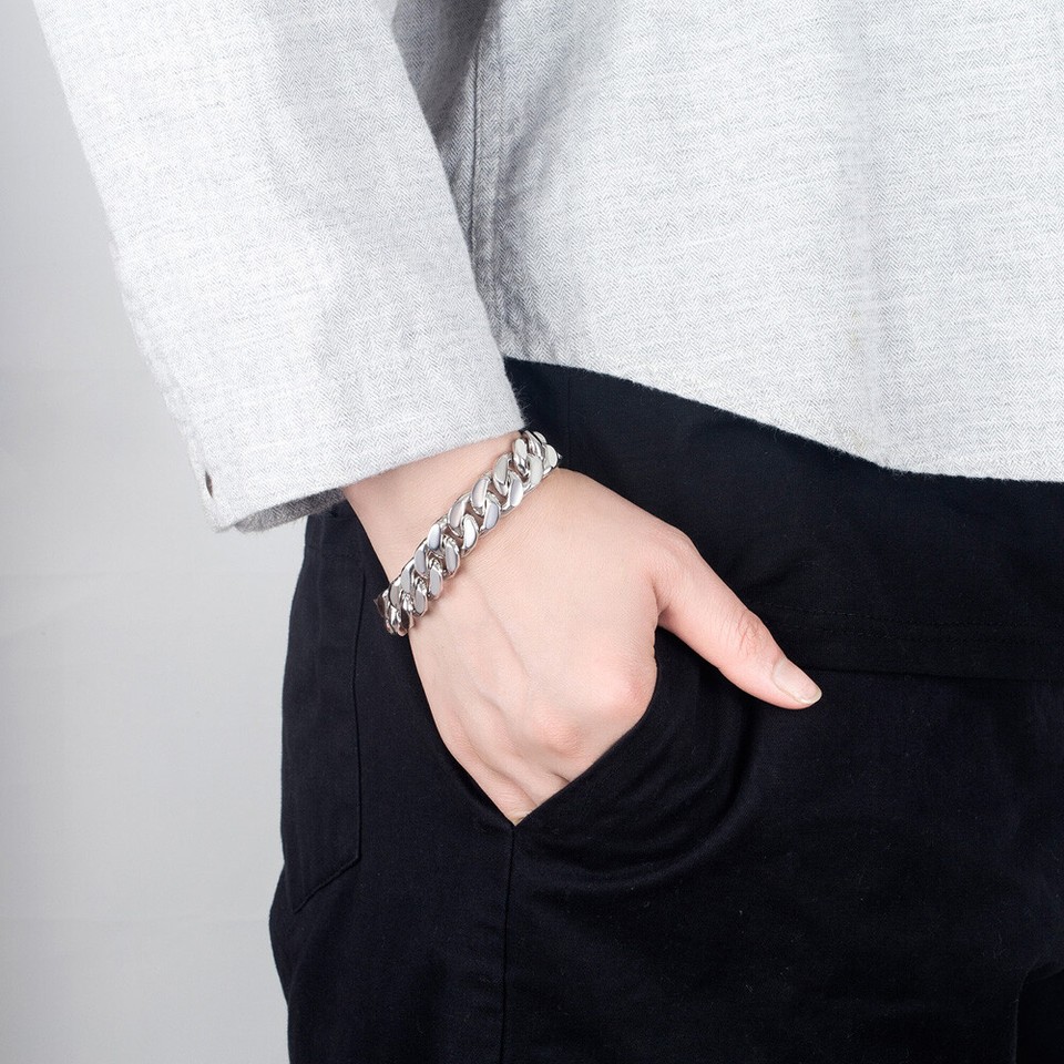 Real 925 Sterling Silver Thick Big Cuban Link Chain Bracelet for Men ...