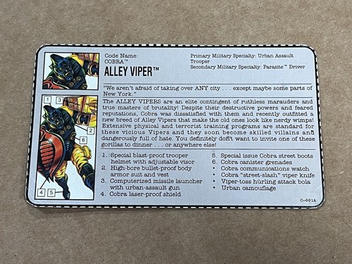1993 HASBRO GI JOE COBRA ALLEY VIPER (v2) PARASITE DRIVER BIO FILE CARD ...