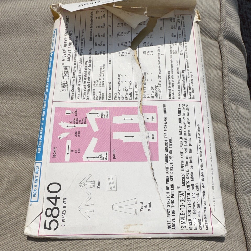 Simplicity 5840 Pattern Jacket Pants Size 14 Misses Uncut Vintage 1973 ...