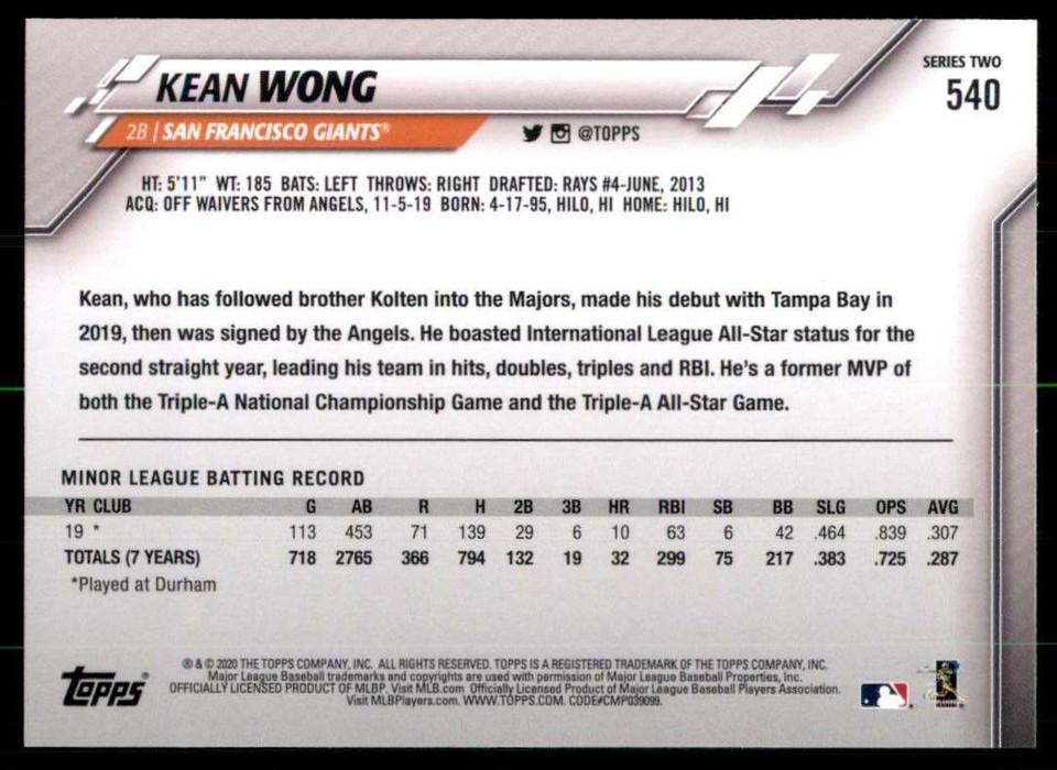 2020 Topps Baseball Card Kean Wong RC RC #540 135477 | eBay