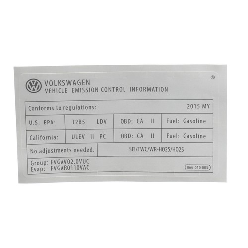 NEW OEM Volkswagen Emission Label Compliance Sticker Decal 06G-010-005 ...