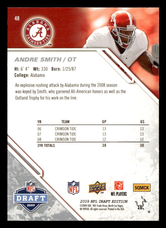 Andre Smith 2009 Upper Deck Draft Edition Rookie Card #48 Alabama ...