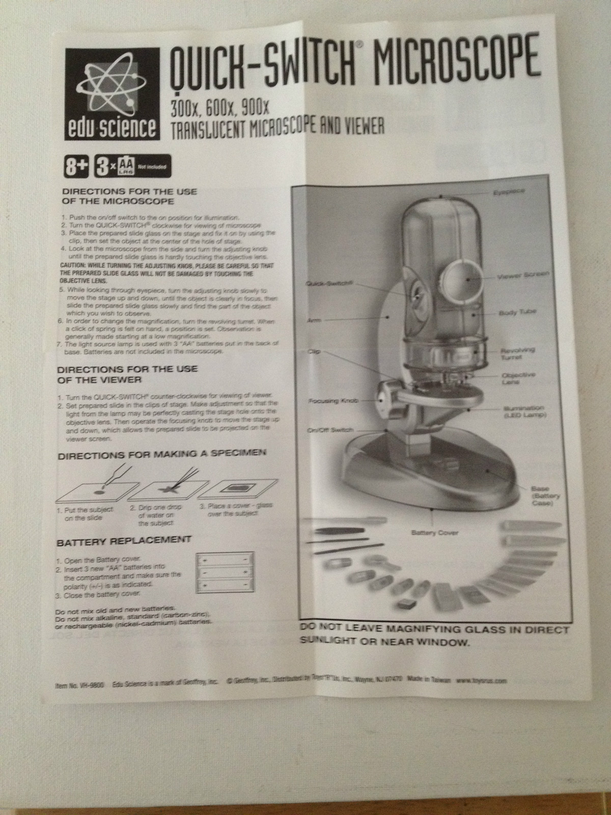 Edu Science QUICK SWITCH MICROSCOPE - 300x 600x 900x Microscope ...