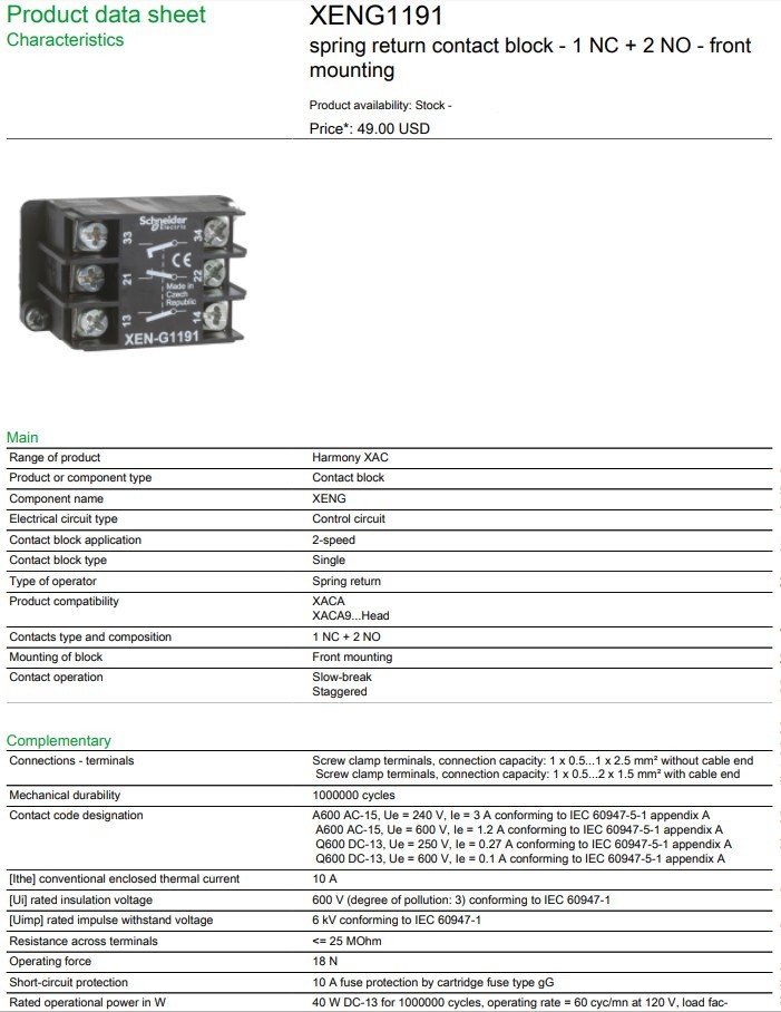 XENG1191 spring return contact block 1NC+2NO front mounting SCHNEIDER ...