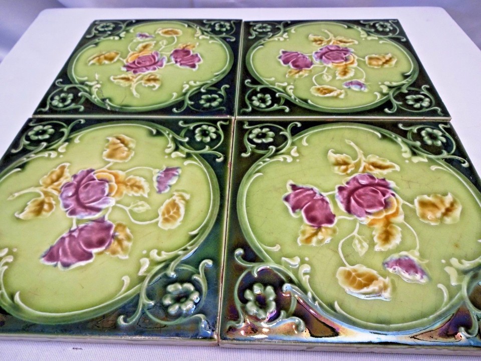 TILE PORCELAIN CERAMIC MAJOLICA ART NOUVEAU PURPLE ROSE VINTAGE ENGLAND ...