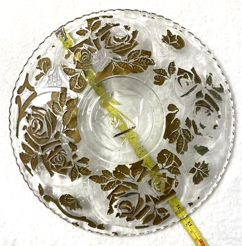 VINTAGE GOOFUS GLASS PLATE,GOLD RED ROSES,10 5/8",DINNER,SERVING ...
