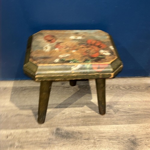 Late 20th Century Vintage Floral Folk Art Stool Hand Painted Three Legs ...