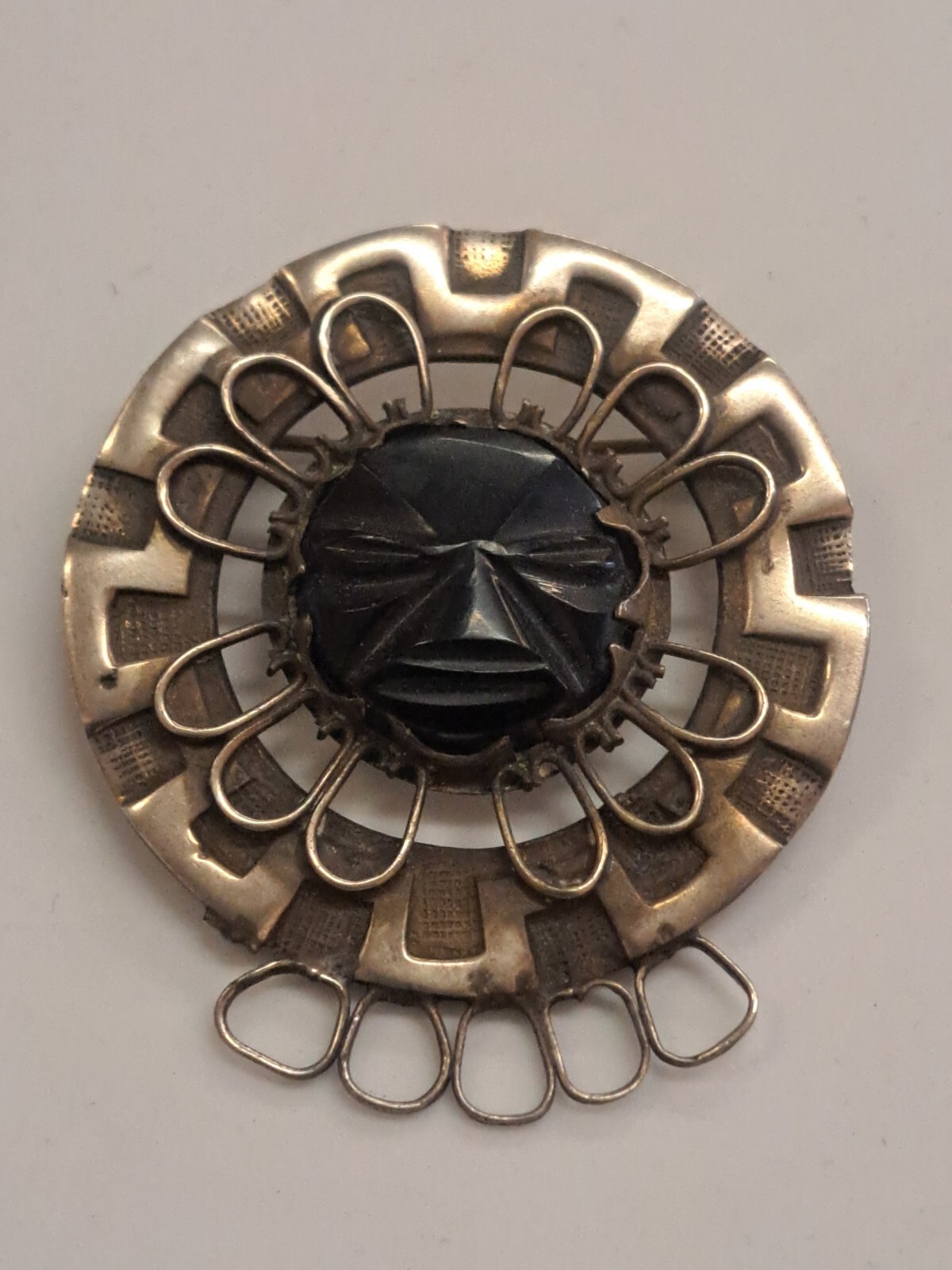 Mexico Sterling Brooch Carved Black Onyx Aztec / Maya… - Gem