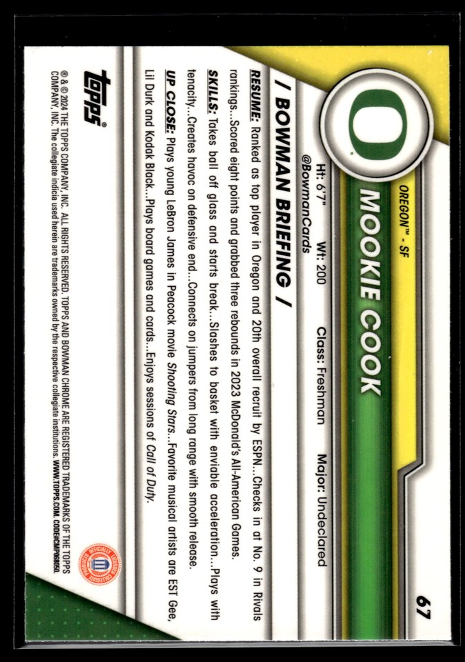 Mookie Cook 2023-24 Bowman Chrome Sapphire University Card #67 | eBay